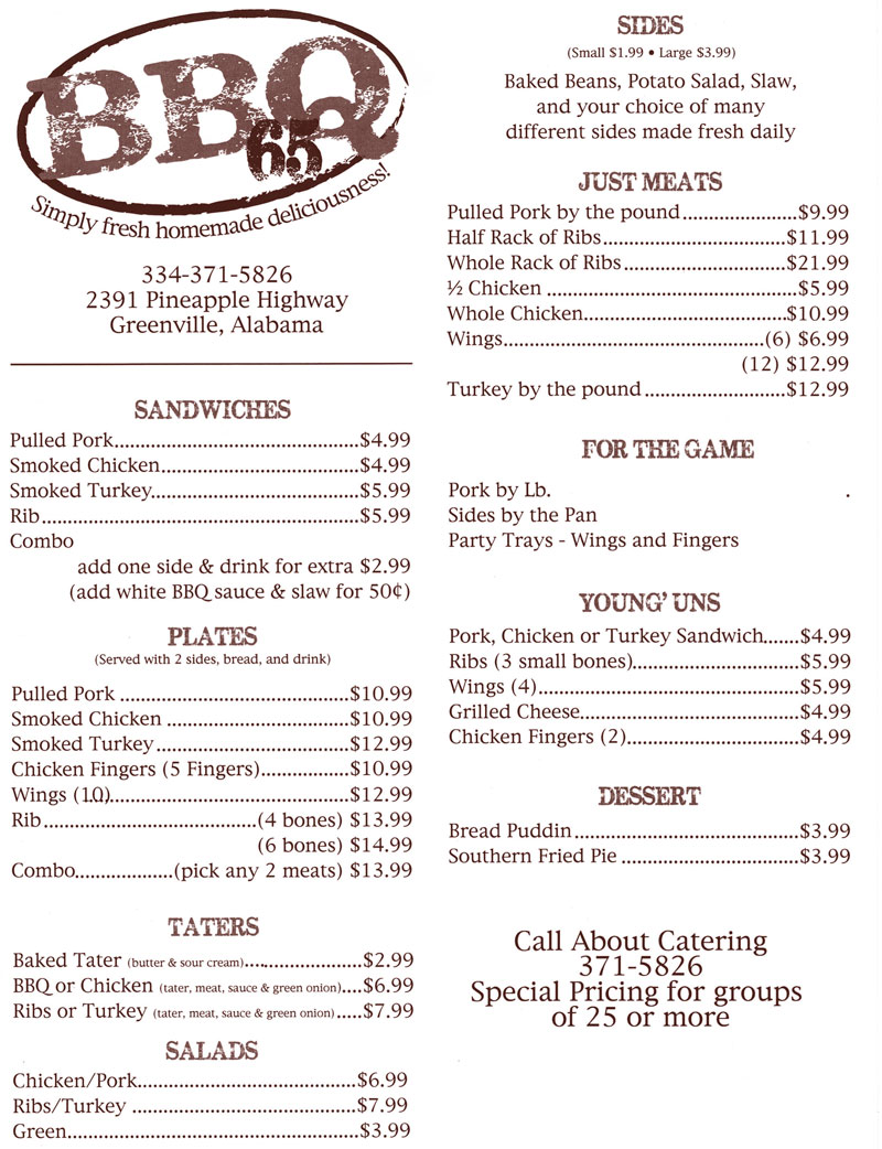 BBQ65, Barbecue 65, BBQ 65, 2391 Pineapple Highway, Greenville, Alabama ...